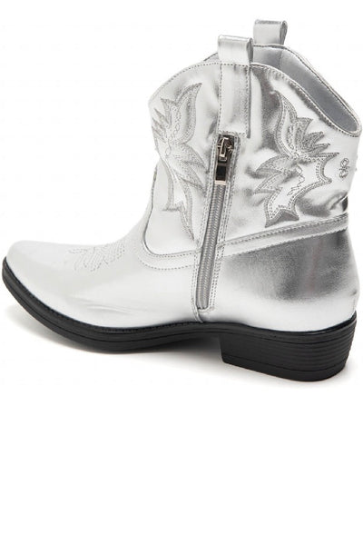 SILVER COWBOY BOOTS EMBROIDED FLAT WESTERN ANKLE BOOTS – ARRK FASHION