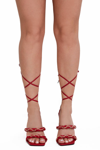 FIRE RED LACE UP HEELS WITH GOLD CHAIN STRAPS – ARRK FASHION